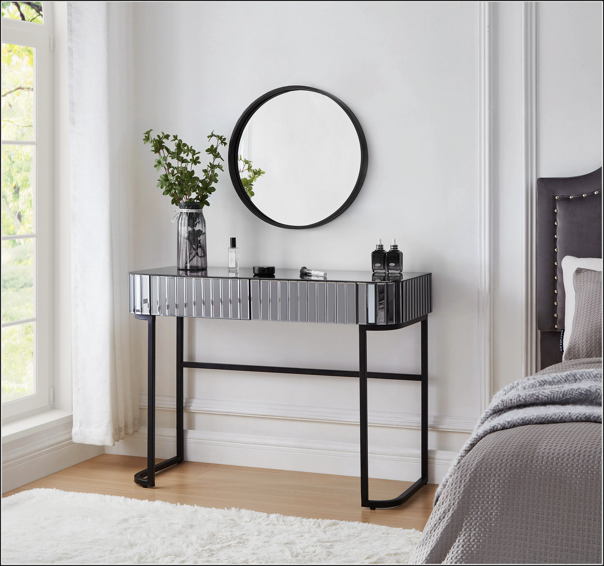 Latitude Run® 39" Mirrored Makeup Vanity Table with Stainless Steel Base, Mirrored Console ...